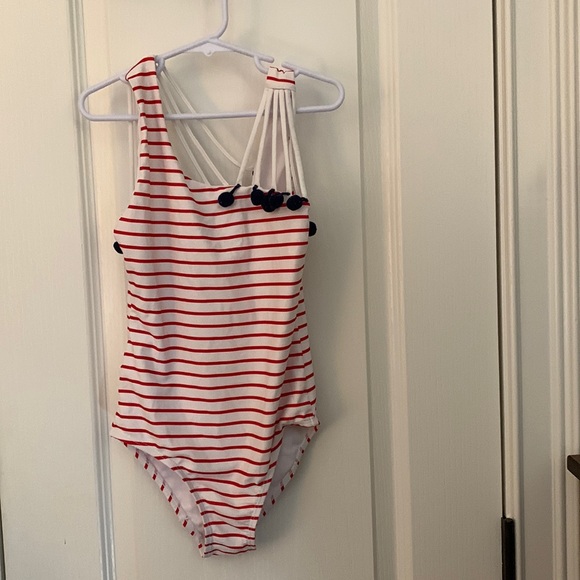 Stella Cove | Swim | Red White Stripe Girls Swimsuit With Blue Pompoms ...